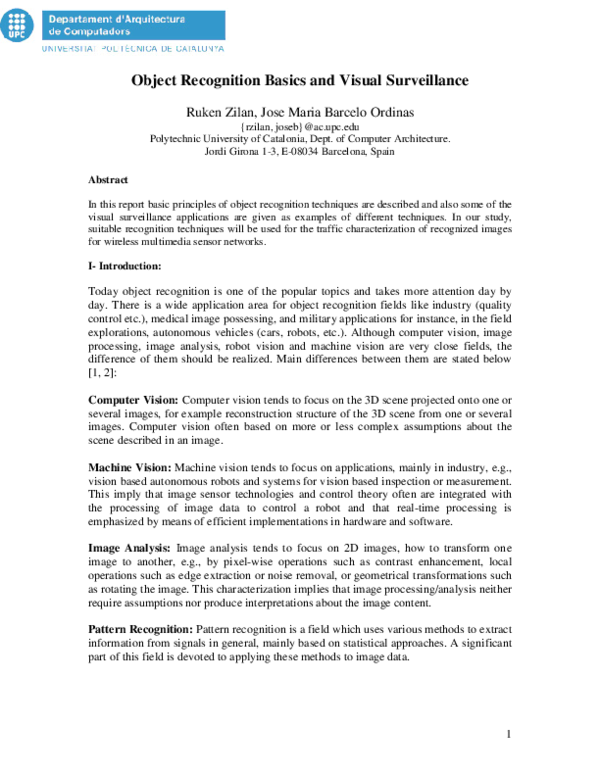 Pdf Object Recognition Basics And Visual Surveillance