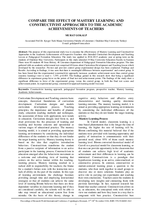 (PDF) Compare the Effect of Mastery Learning and Constructivist ...