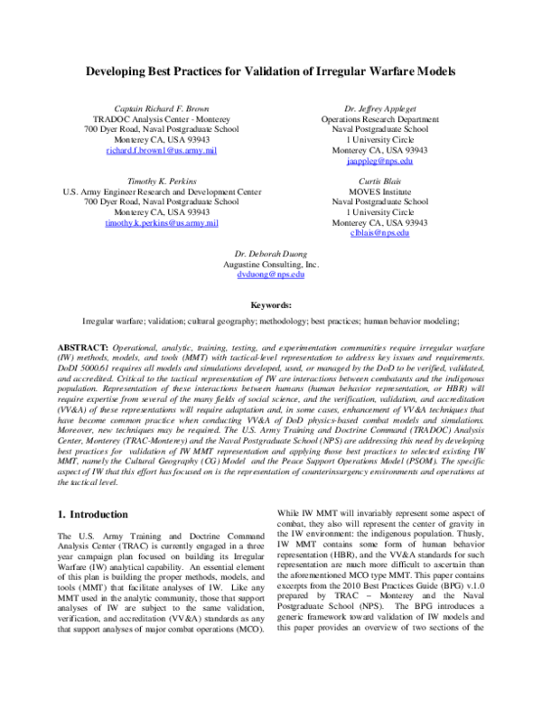Pdf Developing Best Practices For Validation Of Irregular Warfare Models