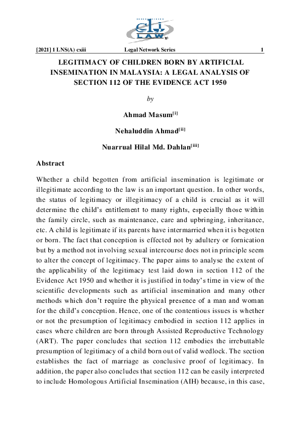 (PDF) LEGITIMACY OF CHILDREN BORN BY ARTIFICIAL INSEMINATION IN ...