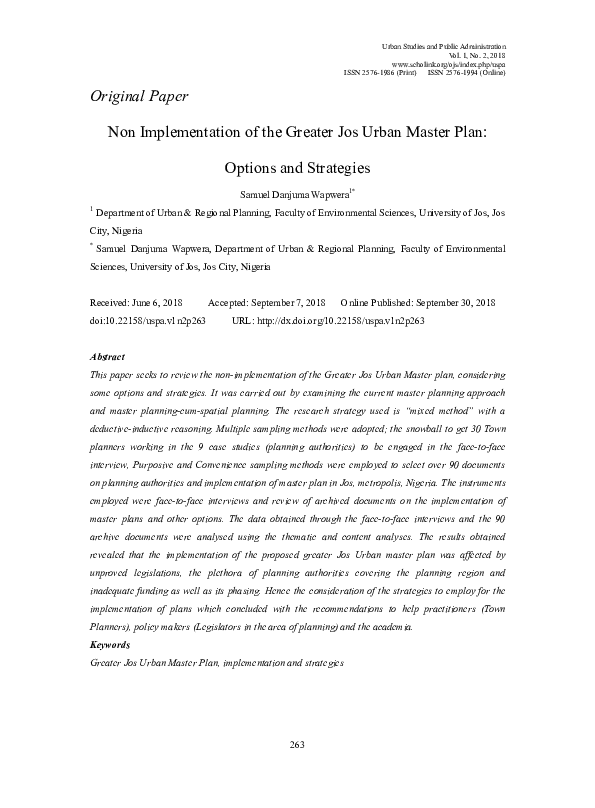 (PDF) Non Implementation of the Greater Jos Urban Master Plan: Options ...