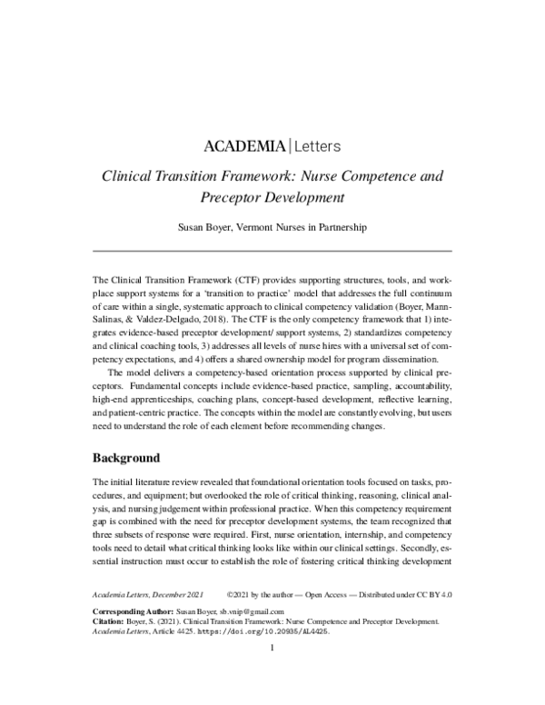(PDF) Clinical Transition Framework: Nurse Competence and Preceptor Development | Susan Boyer ...