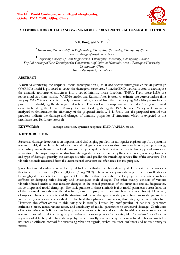 (PDF) A Combination of Emd and Varma Model for Structural Damage Detection