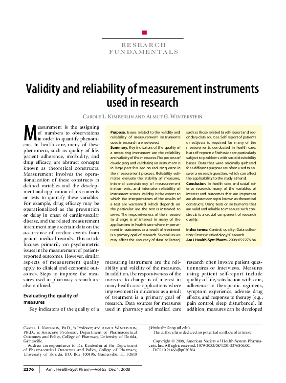 (PDF) Validity and reliability of measurement instruments used in research