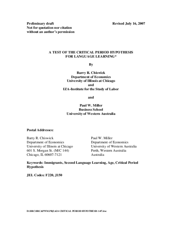 (PDF) A Test of the Critical Period Hypothesis for Language Learning 1