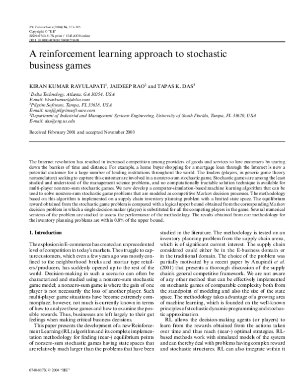 Pdf A Reinforcement Learning Approach To Stochastic Business Games