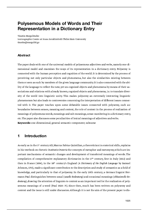 (PDF) Polysemous Models of Words and Their Representation in a Dictionary Entry