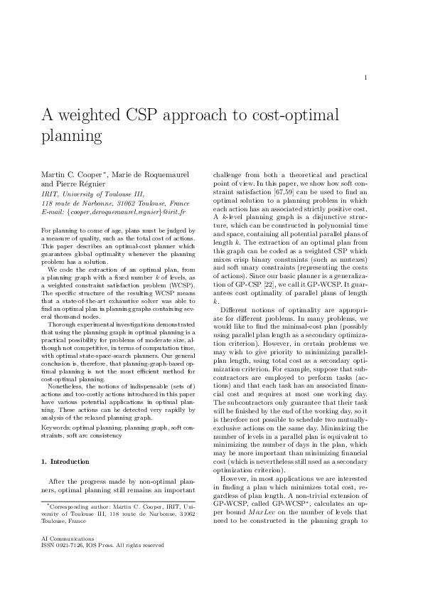 (PDF) A weighted CSP approach to cost-optimal planning