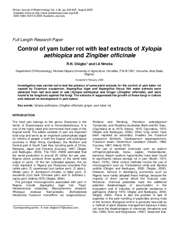 (PDF) Control of yam tuber rot with leaf extracts of Xylopia aethiopica ...