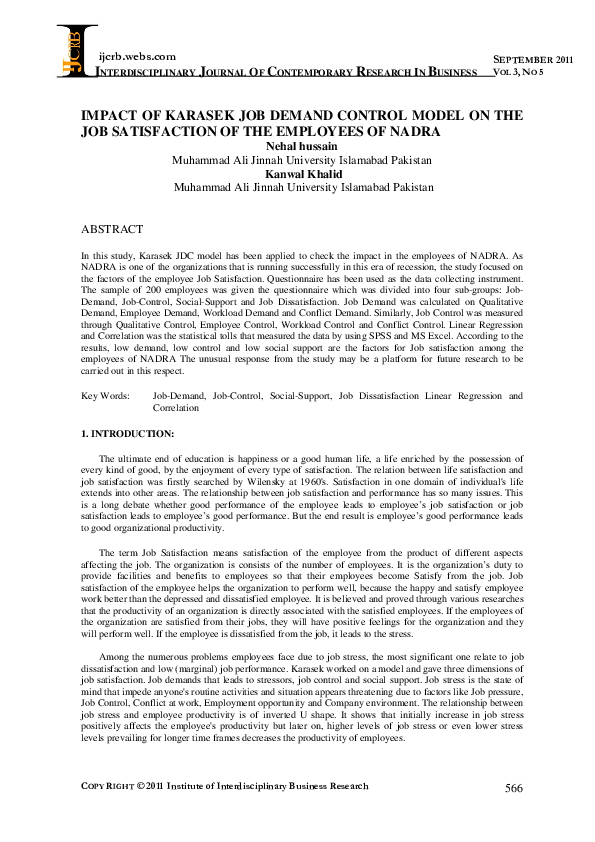 (PDF) Impact of Karasek Job Demand Control Model on the Job ...