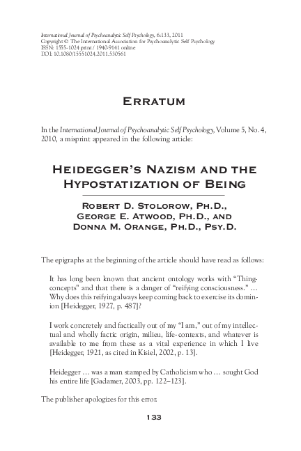 (PDF) Heidegger's Nazism and the Hypostatization of Being