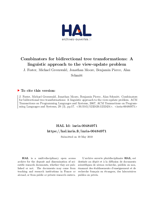 Pdf Combinators For Bidirectional Tree Transformations