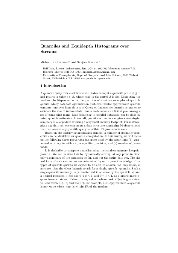 (PDF) Quantiles and equidepth histograms over streams | Michael ...