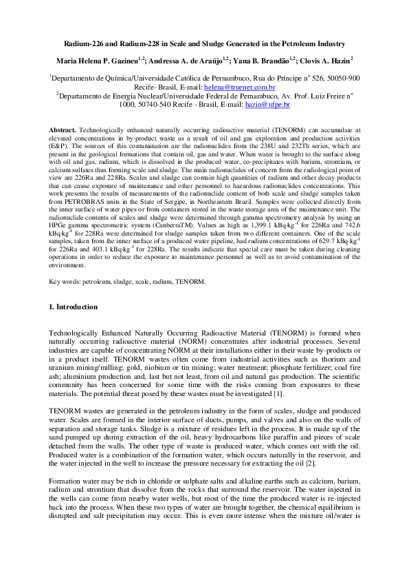 (PDF) Radium-226 and Radium-228 in Scale and Sludge Generated in the ...