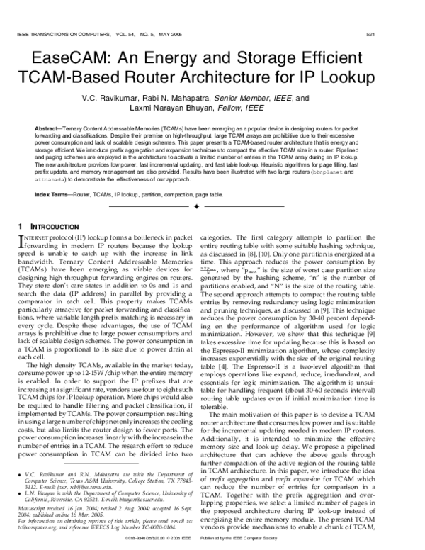 (PDF) EaseCAM: An Energy and Storage Efficient TCAM-Based Router Architecture for IP Lookup