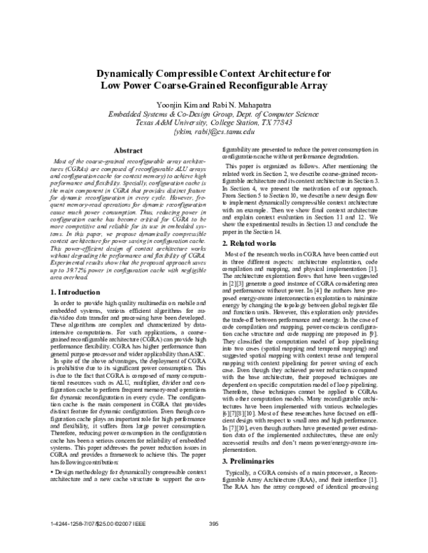 Pdf Dynamically Compressible Context Architecture For Low Power Coarse Grained Reconfigurable