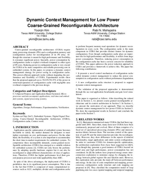 Pdf Dynamic Context Management For Low Power Coarse Grained Reconfigurable Architecture