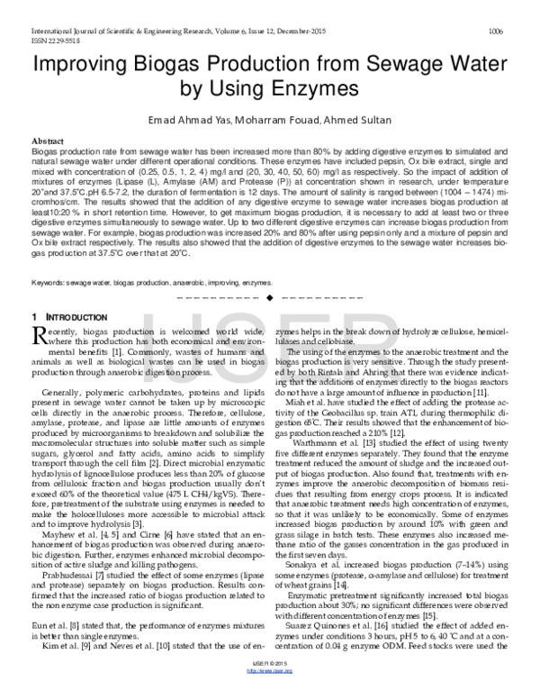 (PDF) Improving Biogas Production from Sewage Water by Using Enzymes