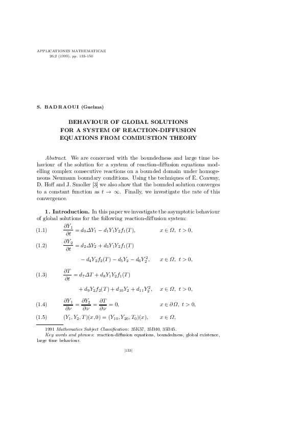 Pdf Behaviour Of Global Solutions For A System Of Reaction Diffusion