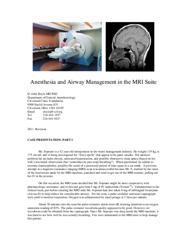 (PDF) Anesthesia and Airway Management in the MRI Suite