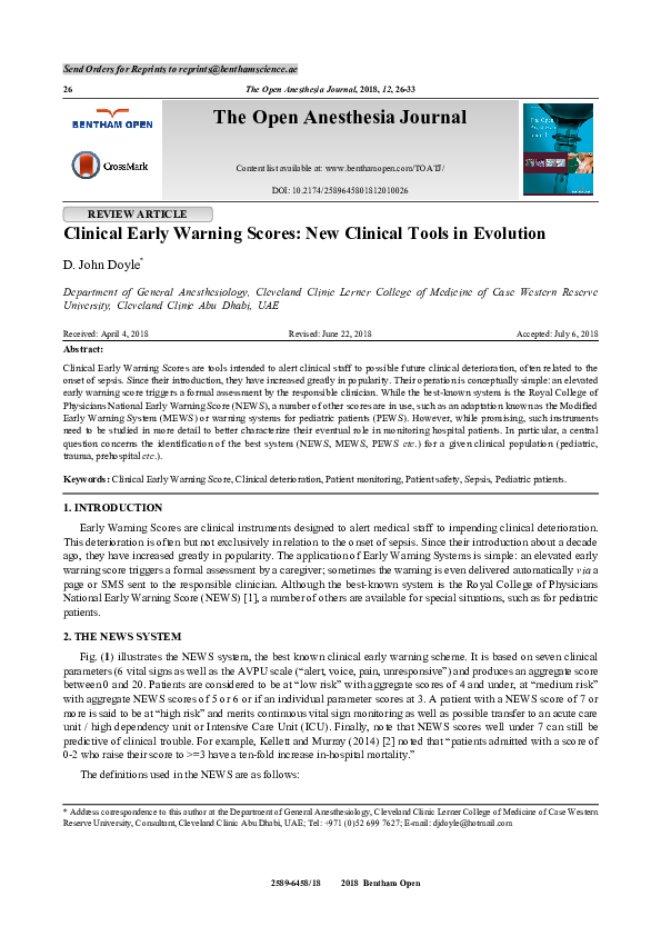 (PDF) Clinical Early Warning Scores: New Clinical Tools in Evolution