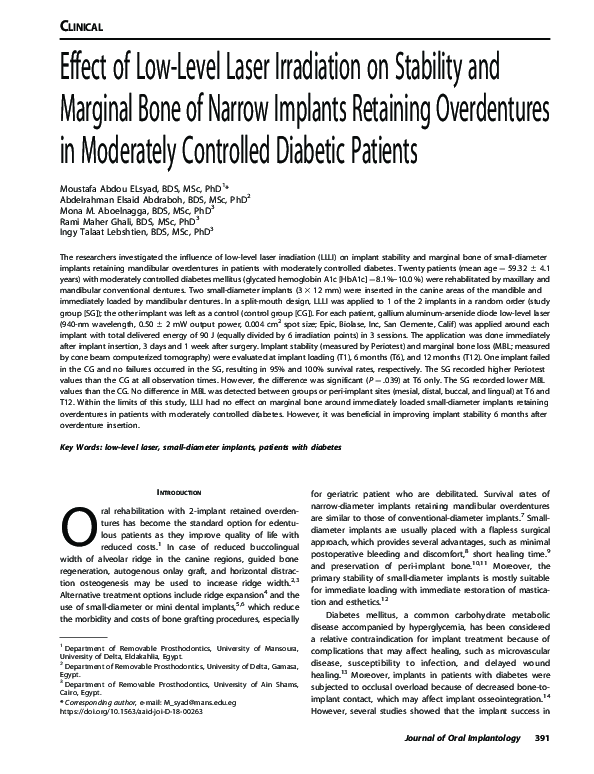 (PDF) Effect of Low-Level Laser Irradiation on Stability and Marginal ...