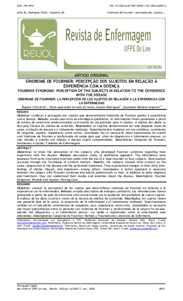 (PDF) Síndrome de Fournier: percepção dos sujeitos em relação à ...