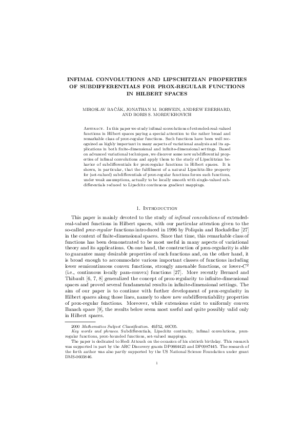 Pdf Infimal Convolutions And Lipschitzian Properties Of Subdifferentials For Prox Regular