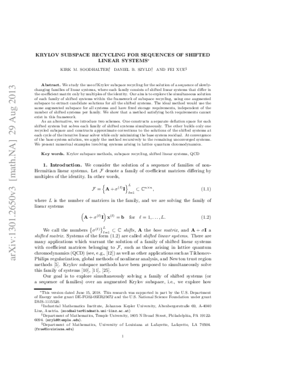 Pdf Krylov Subspace Recycling For Sequences Of Shifted Linear Systems Fei Xue