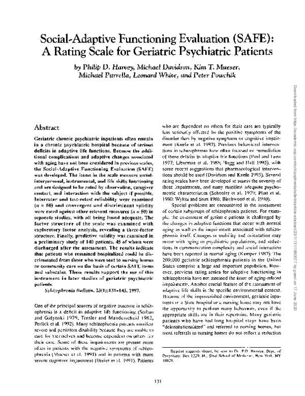 (PDF) Social-Adaptive Functioning Evaluation (SAFE): A Rating Scale for ...