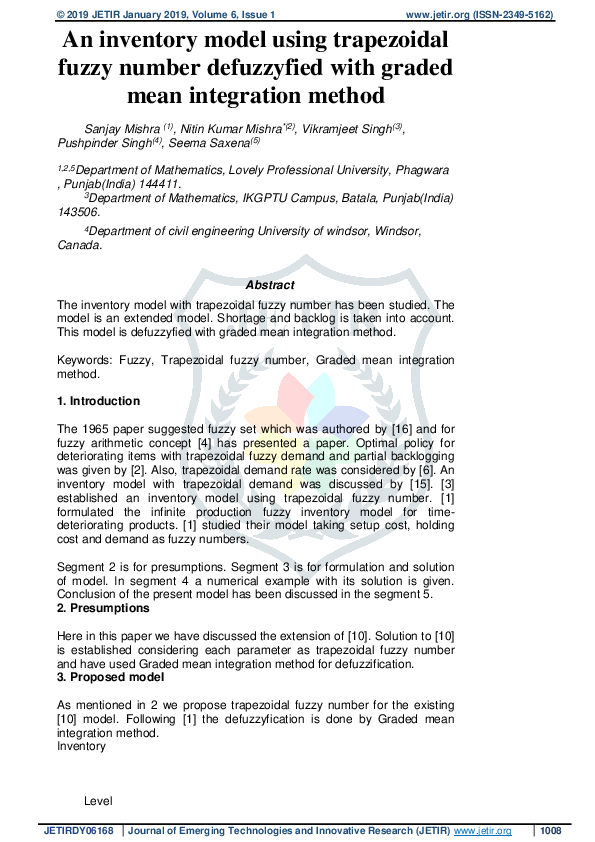 (PDF) An inventory model using trapezoidal fuzzy number defuzzyfied with graded mean integration ...
