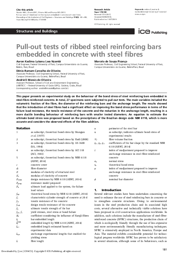 (PDF) Pull-out tests of ribbed steel reinforcing bars embedded in ...
