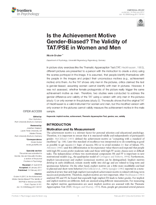 (PDF) Is the Achievement Motive Gender-Biased? The Validity of TAT/PSE ...