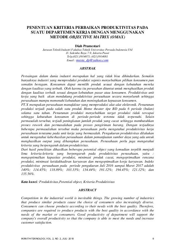 (PDF) Penentuan Kriteria Perbaikan Produktivitas Pada Suatu Departemen ...