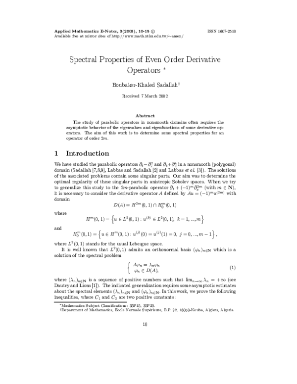 (PDF) Spectral Properties of Even Order Derivative Operators