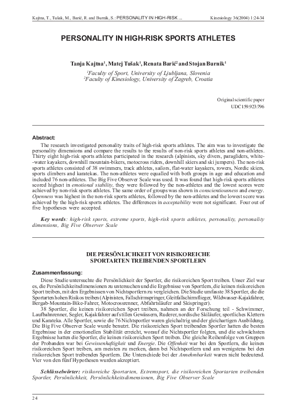 (PDF) Personality in High-Risk Sports Athletes