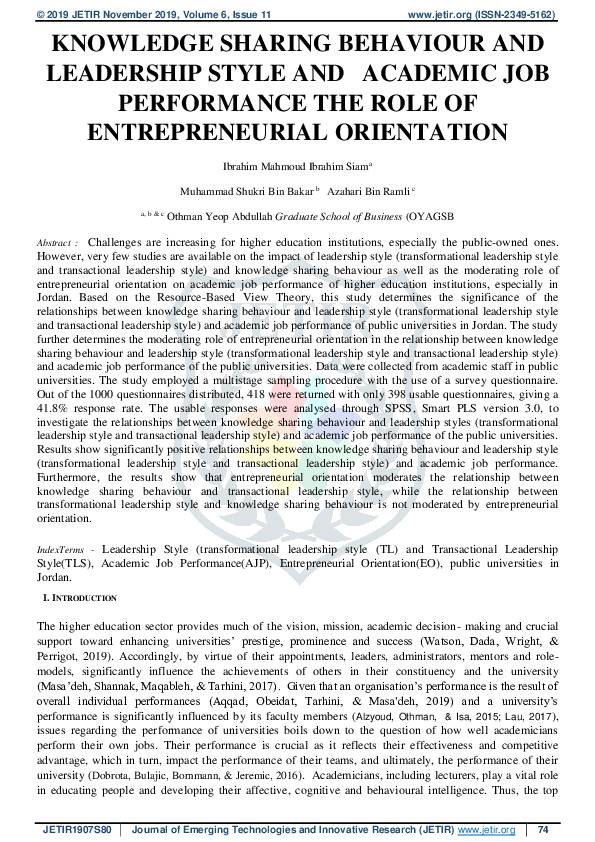 (PDF) Knowledge Sharing Behaviour and Leadership Style and Academic Job Performance the Role of ...