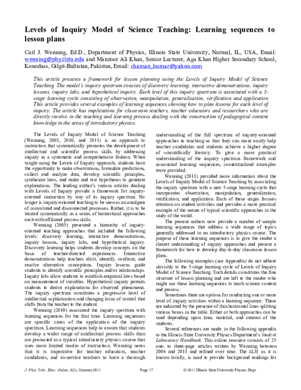 (PDF) Levels of Inquiry Model of Science Teaching: Learning sequences ...