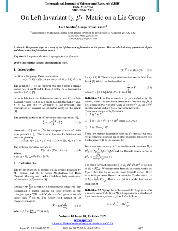 (PDF) Licensed Under Creative Commons Attribution CC BY On Left Invariant (γ, β)-Metric on a Lie ...