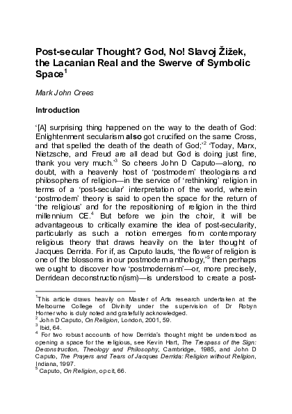 (PDF) Post-Secular Thought? God, No! Slavoj Zizek, the Lacanian Real ...
