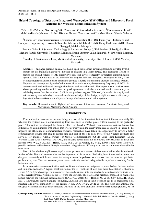 Pdf Hybrid Topology Of Substrate Integrated Waveguide Siw Filter And Microstrip Patch