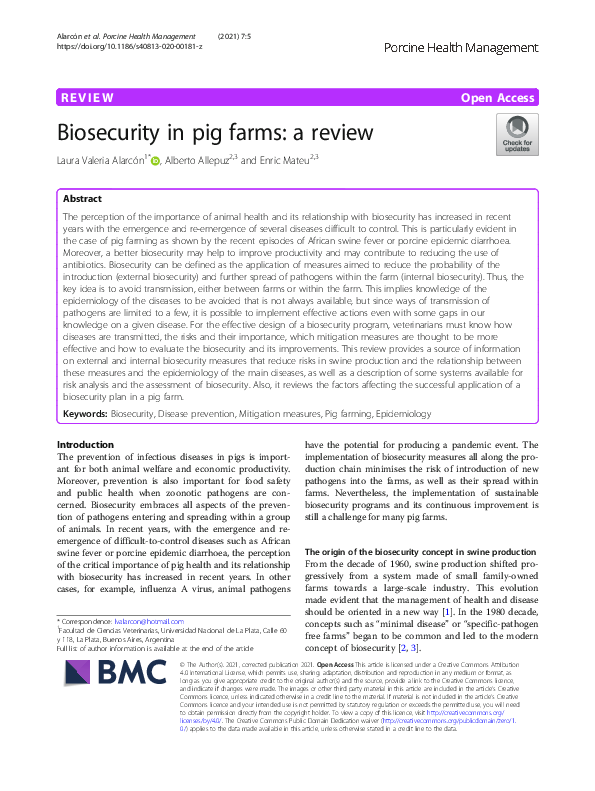 (PDF) Biosecurity in pig farms: a review