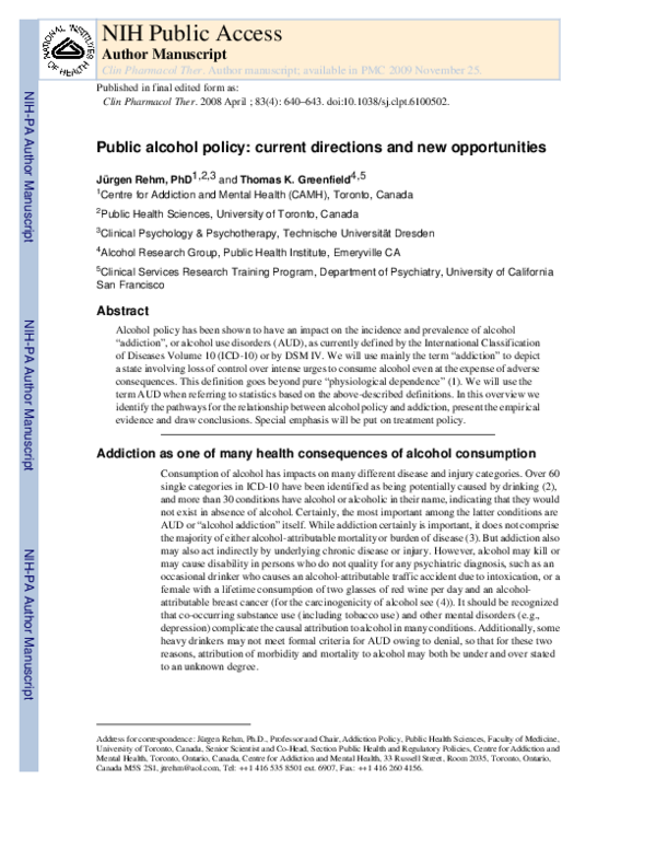 (PDF) Public alcohol policy: current directions and new opportunities