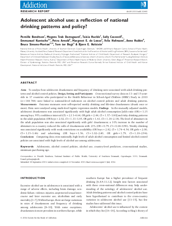 (PDF) Adolescent alcohol use: a reflection of national drinking patterns and policy? | Bruce ...