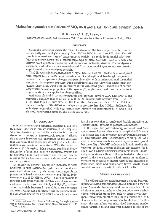 (PDF) Molecular dynamics simulations of SiO 2 melt and glass; ionic and covalent models
