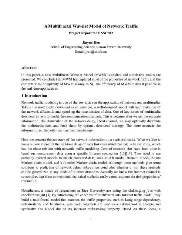 (PDF) A Multifractal Wavelet Model of Network Traffic Project Report for ENSC 802