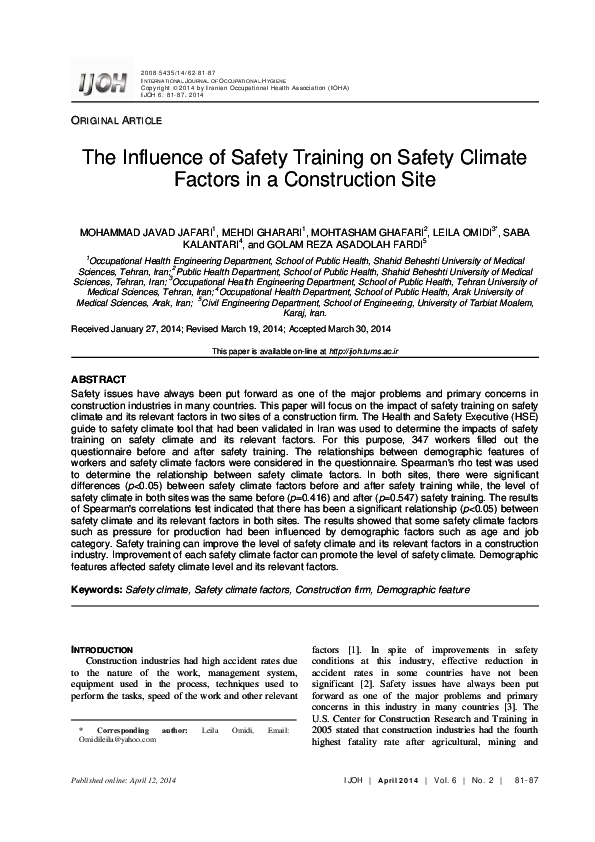(PDF) The Influence of Safety Training on Safety Climate Factors in a ...