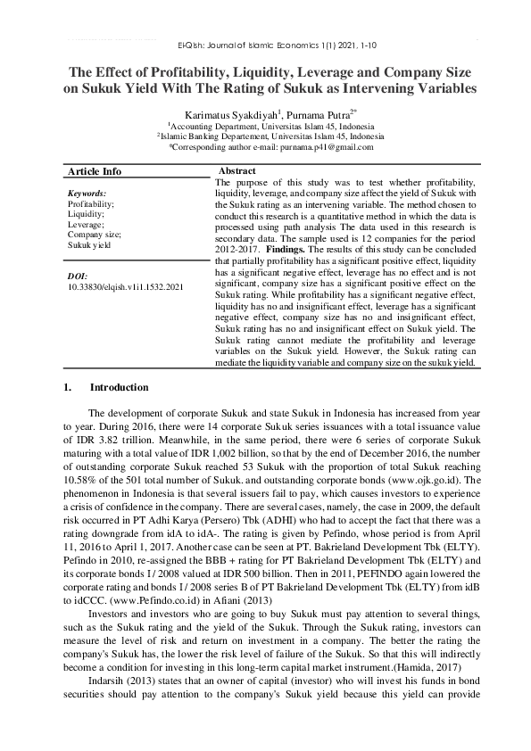 (PDF) The Effect of Profitability, Liquidity, Leverage and Company Size on Sukuk Yield With The ...