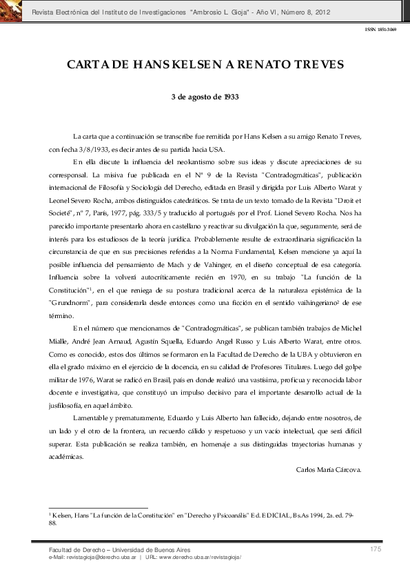 (PDF) Carta de Hans Kelsen a Renato Treves
