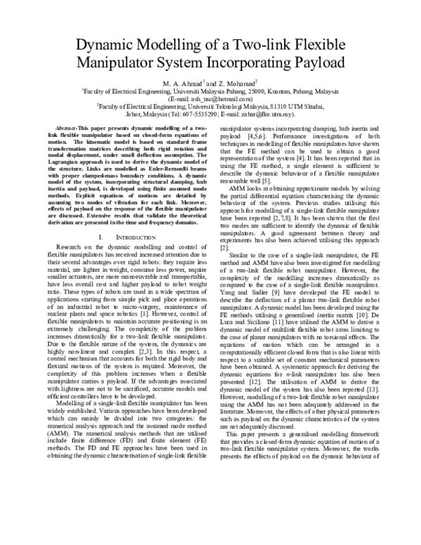 (PDF) Dynamic modelling of a two-link flexible manipulator system incorporating payload